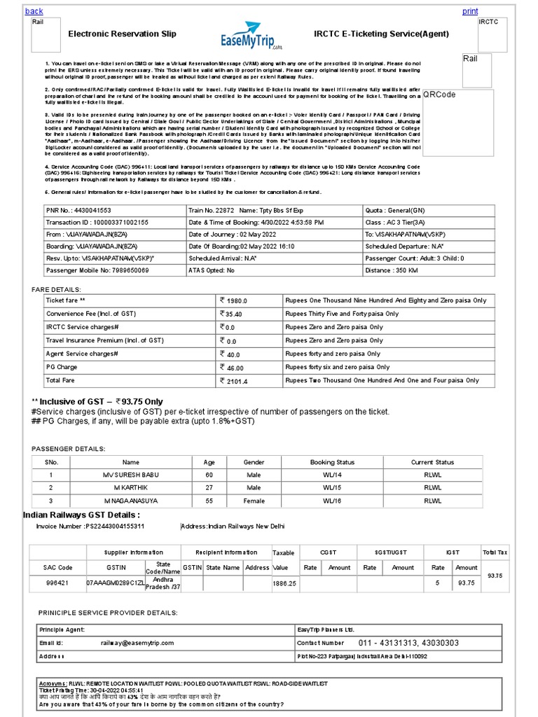 Electronic Reservation Slip IRCTC E Ticketing Service (Agent) | PDF ...
