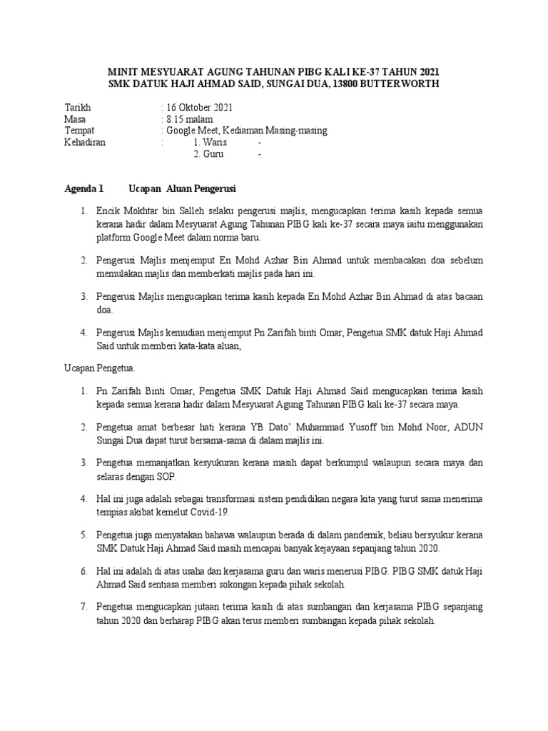 CATATAN MINIT MESYUARAT AGUNG PIBG KALI KE 37 Khairunniza | PDF