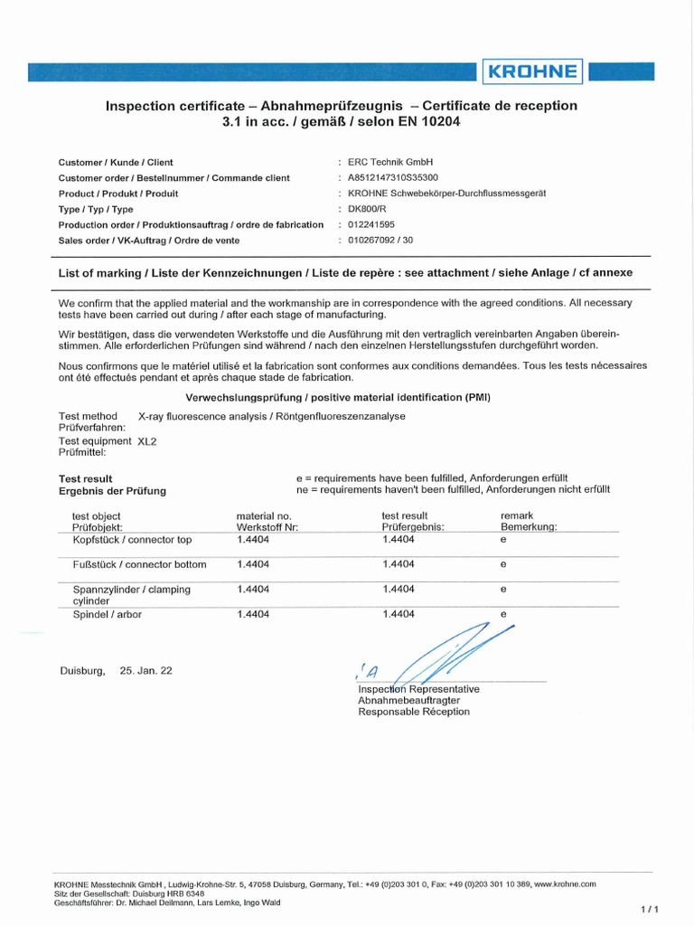 KR DK800 Material Certificate | PDF