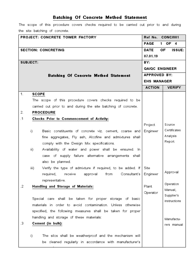 Batching of Concrete Method Statement | PDF | Concrete | Construction ...