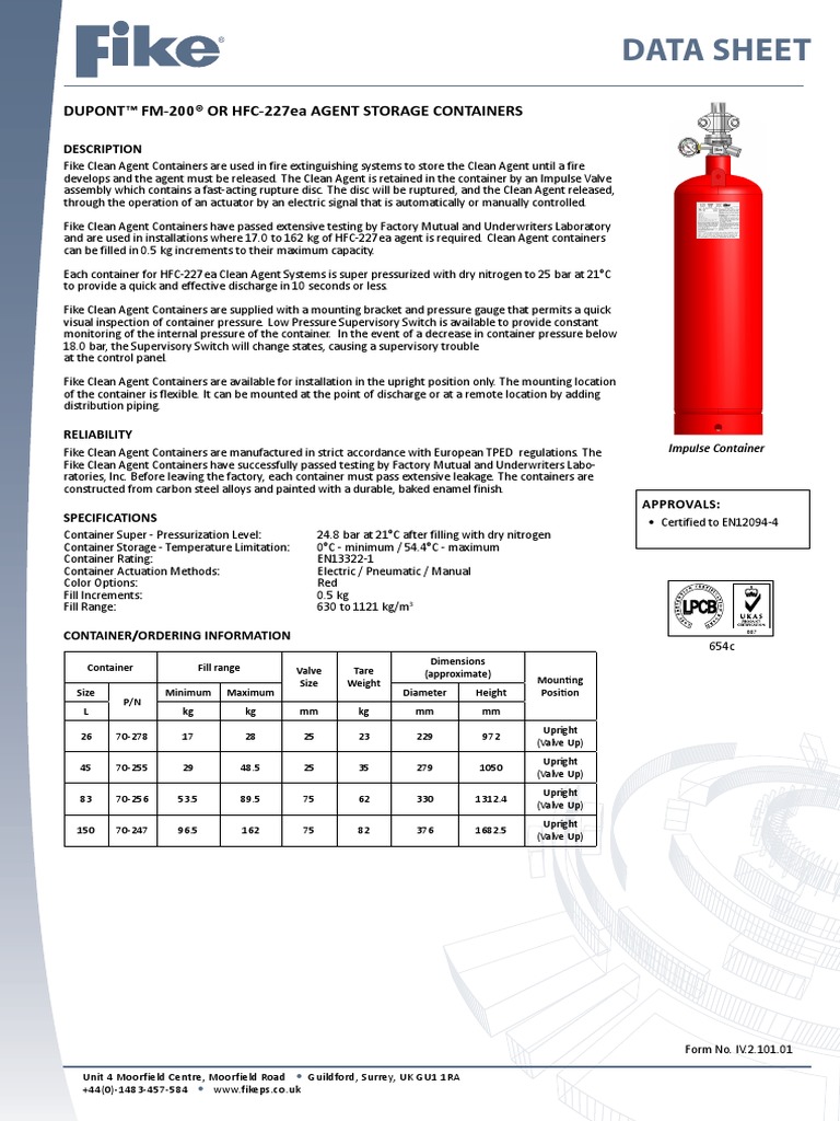 Data Sheet: Dupont™ Fm-200® or Hfc-227Ea Agent Storage Containers | PDF ...