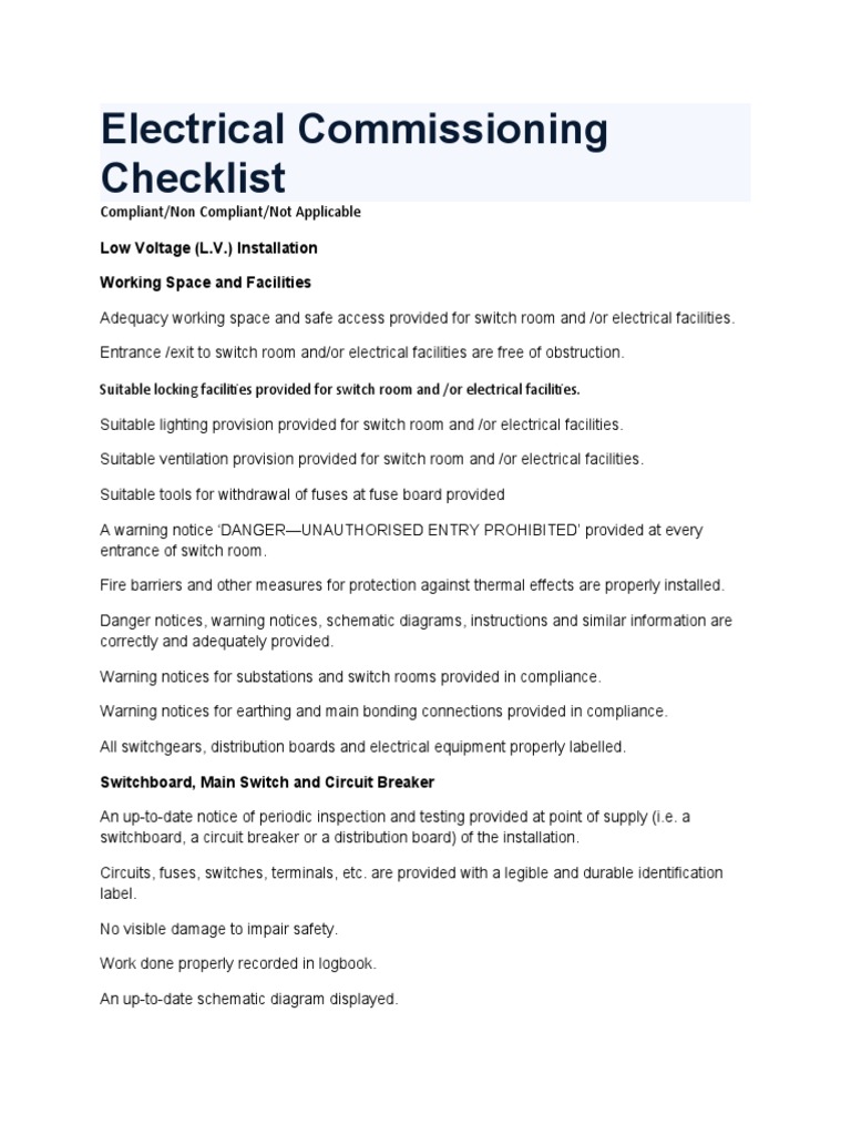 Electrical Commissioning Checklist | PDF | Battery Charger | Fuse (Electrical)