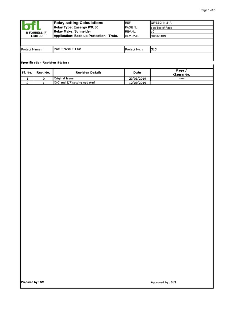 Relay Setting Calculations: Relay Type: Easergy P3U30 Relay Make ...