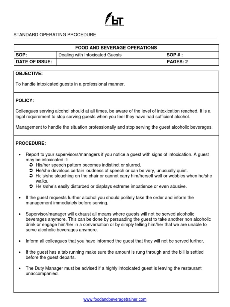 Handling Intoxicated Guests SOP | PDF | Alcohol Intoxication | Alcohol