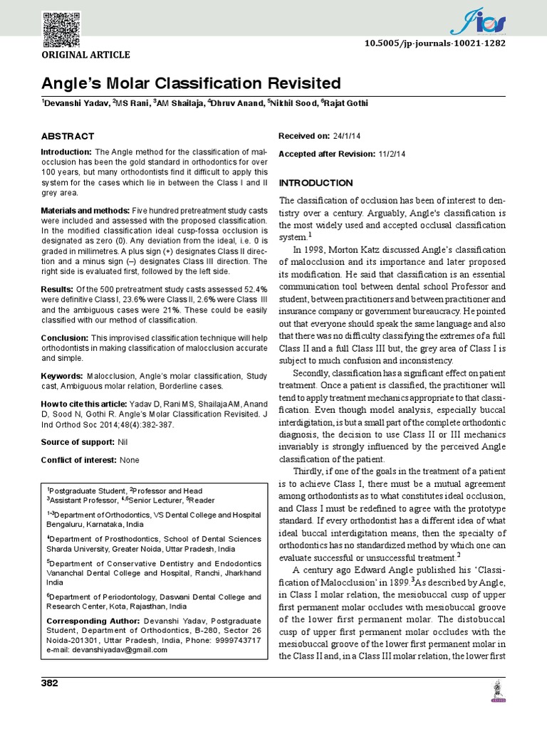 Angle's Molar Classification Revisited: Original Article | PDF ...