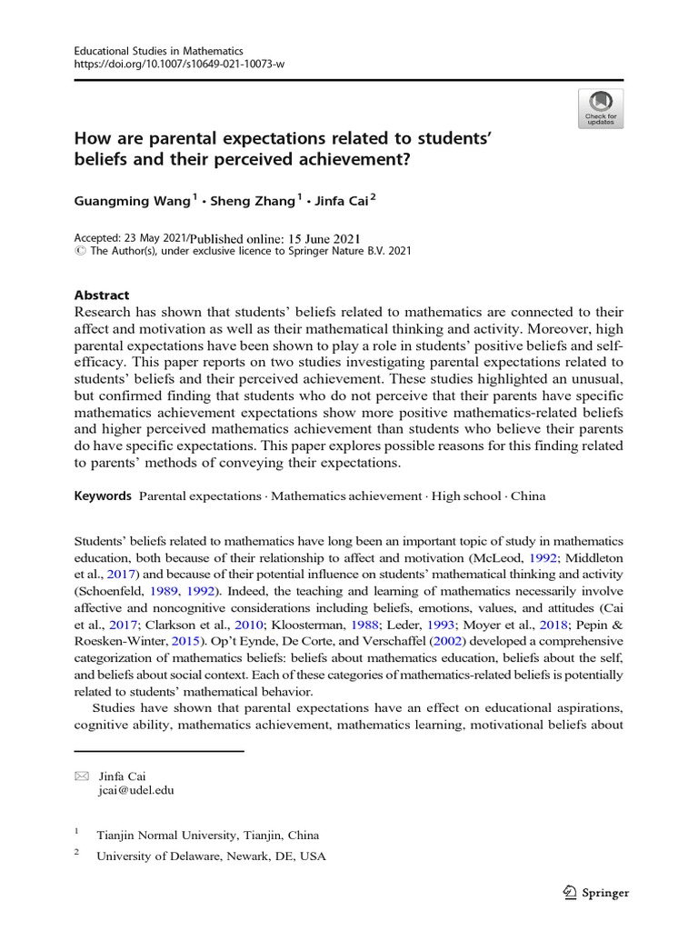 How Are Parental Expectations Related To Students' Beliefs and Their ...
