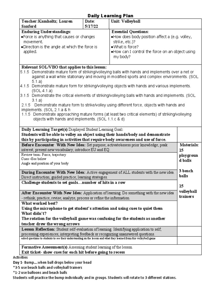 Daily Learning Plan: Displayed Student Learning Goal | Descargar gratis PDF | Volleyball ...