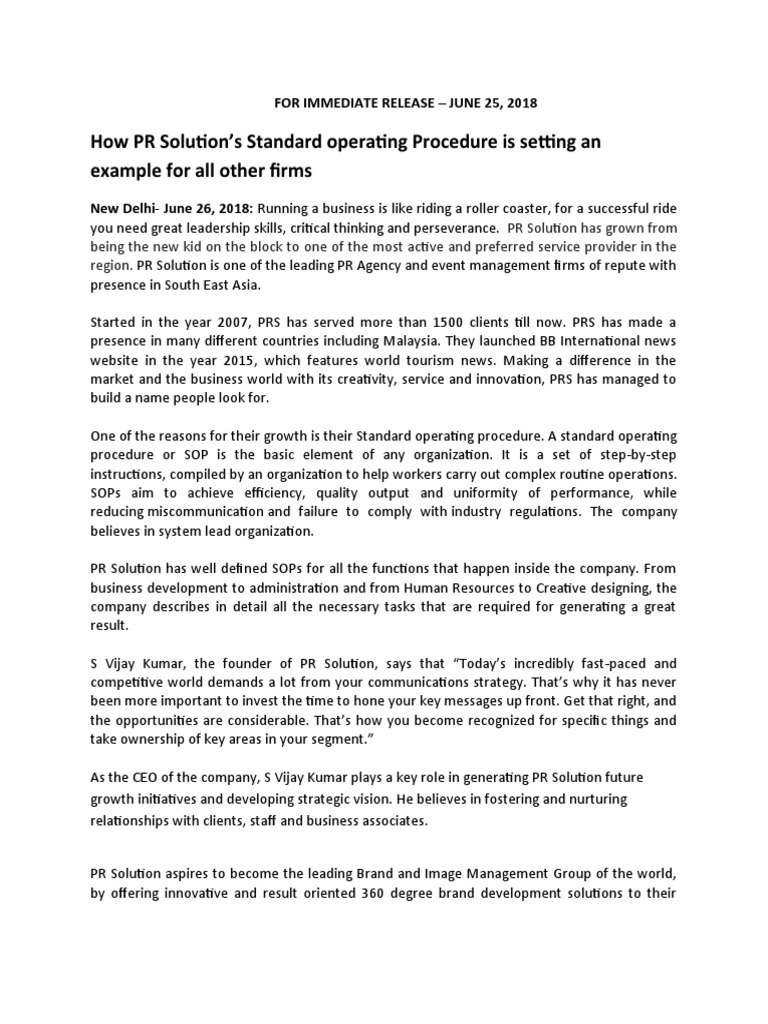 How PR Solution's Standard Operating Procedure Is Setting An Example ...