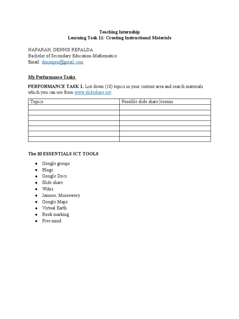 Teaching Internship Learning Task 11: Creating Instructional Materials ...