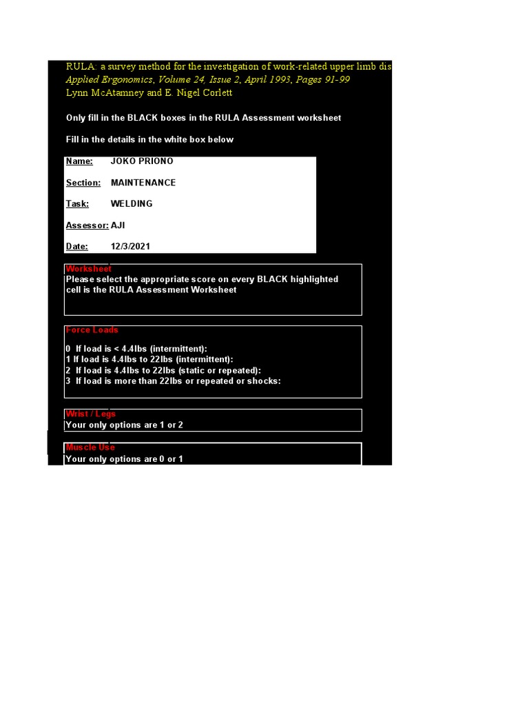 Form Rula | PDF | Arm | Anatomical Terms Of Motion