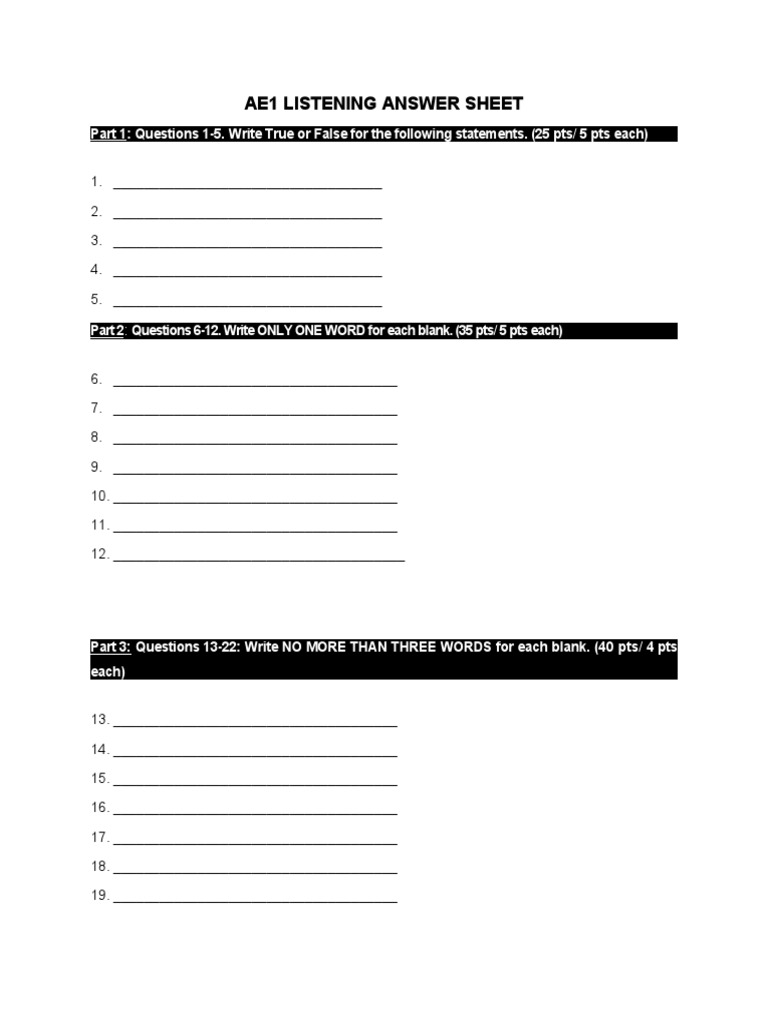 Ae1 Listening Answer Sheet | PDF