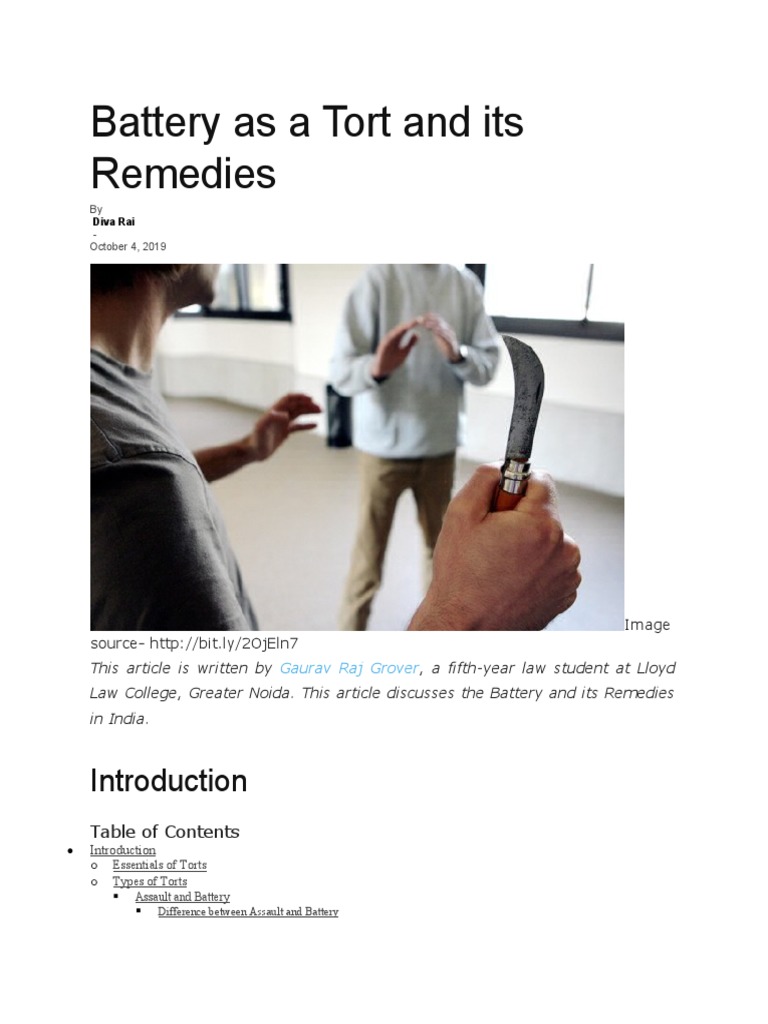 Battery As A Tort and Its Remedies | PDF | Damages | Legal Remedy
