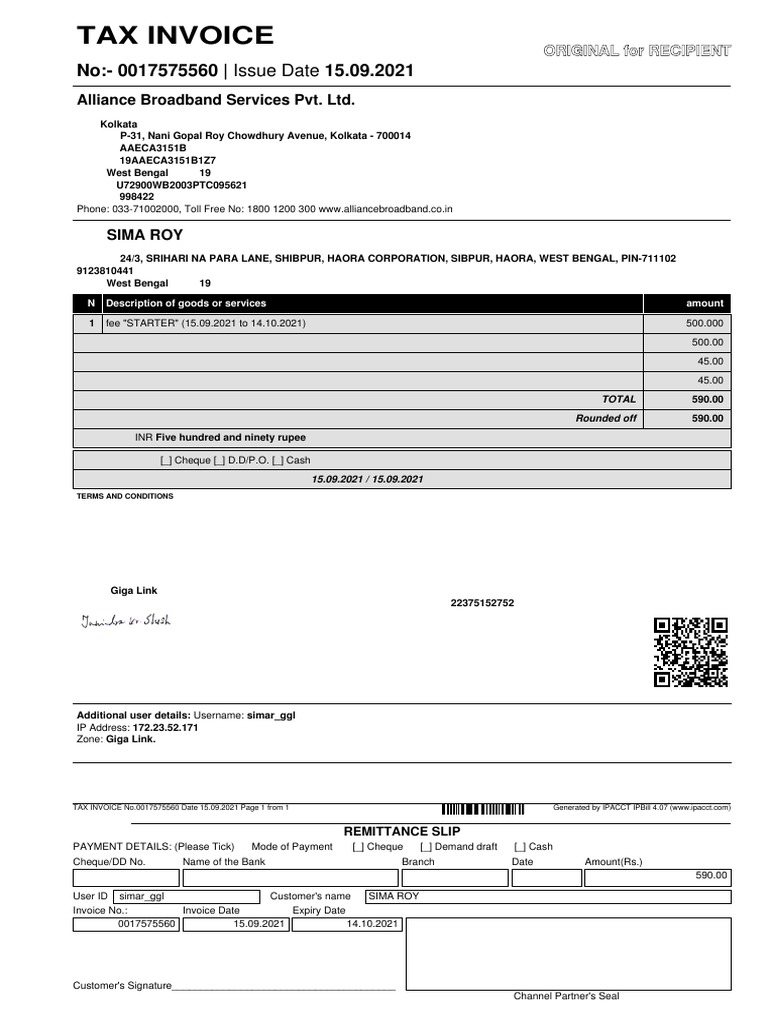 Alliance Broadband | PDF | Cheque | Invoice