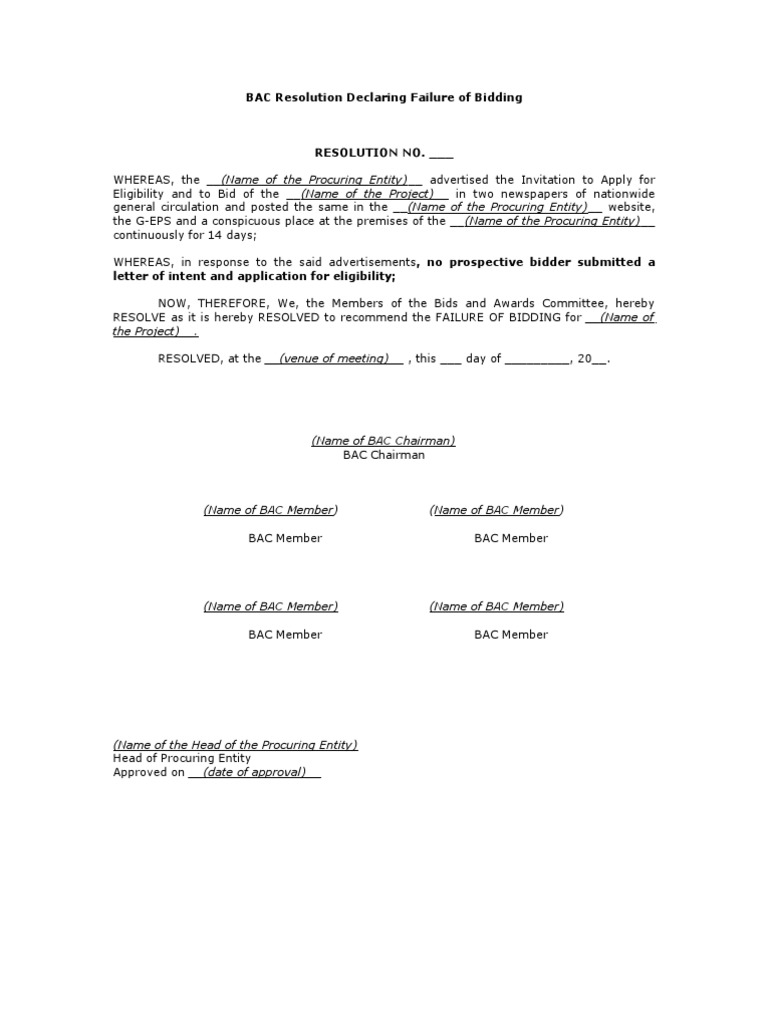 BAC Resolution Declaring Failure of Bidding | PDF | Government | Business