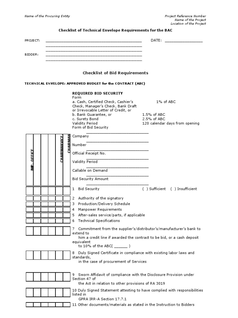 Technical Envelope Checklist for Bidding | PDF