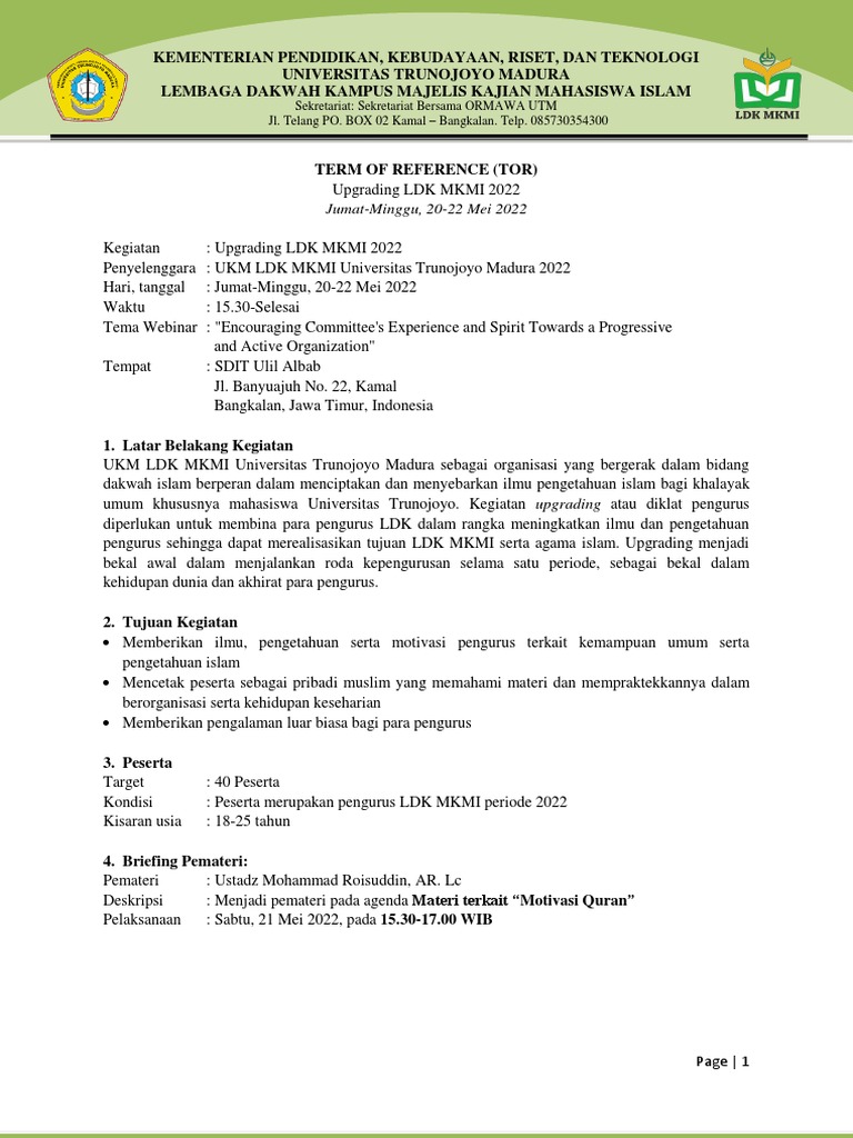 TOR Upgrading Ustadz Roisuddin | PDF