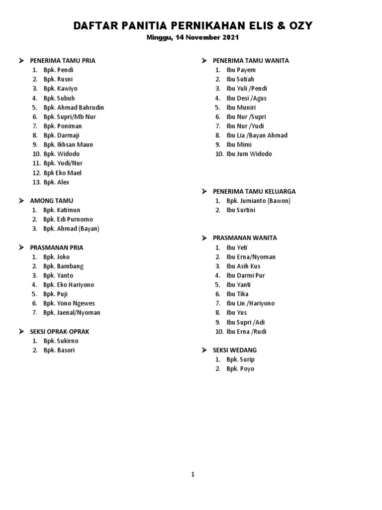 Daftar Panitia Pernikahan Elis Ozy | PDF