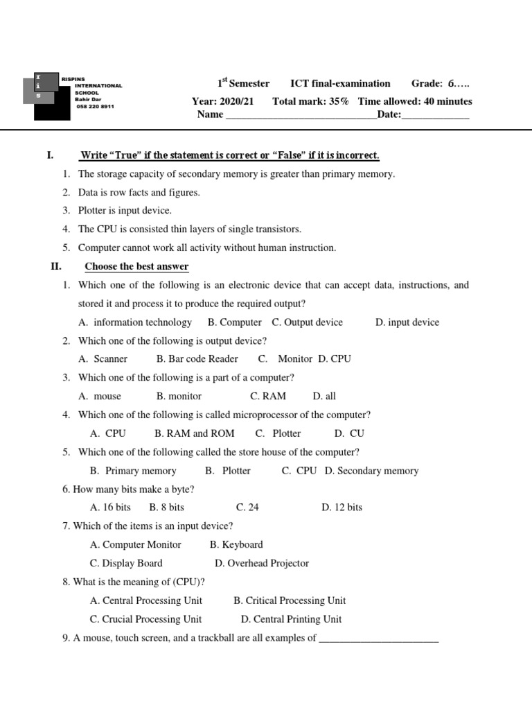 ICT Final Exam For Grade 6 | PDF | Input/Output | Computer Data Storage