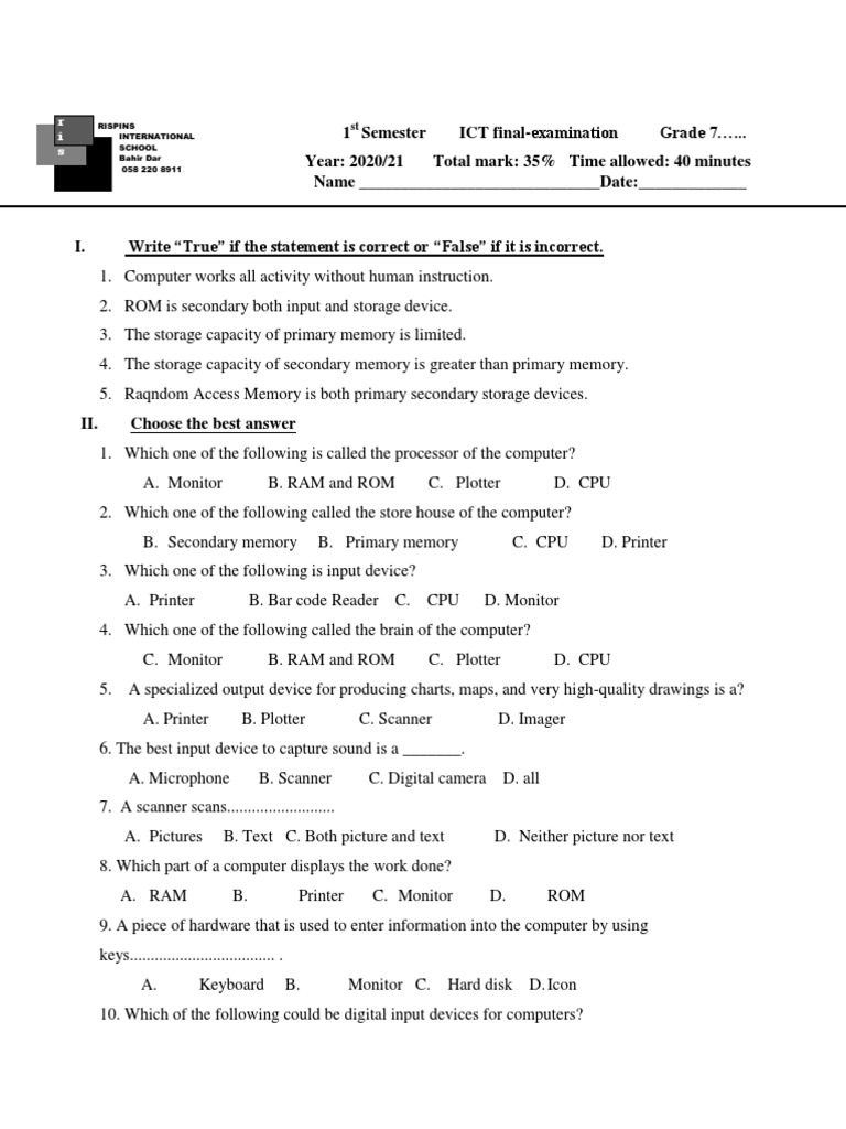 ICT Final Exam For Grade 7 | PDF | Computer Data Storage | Input/Output