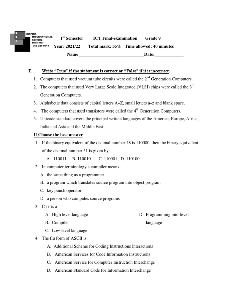 ICT Final Exam For Grade 9 | PDF | Character Encoding | Byte