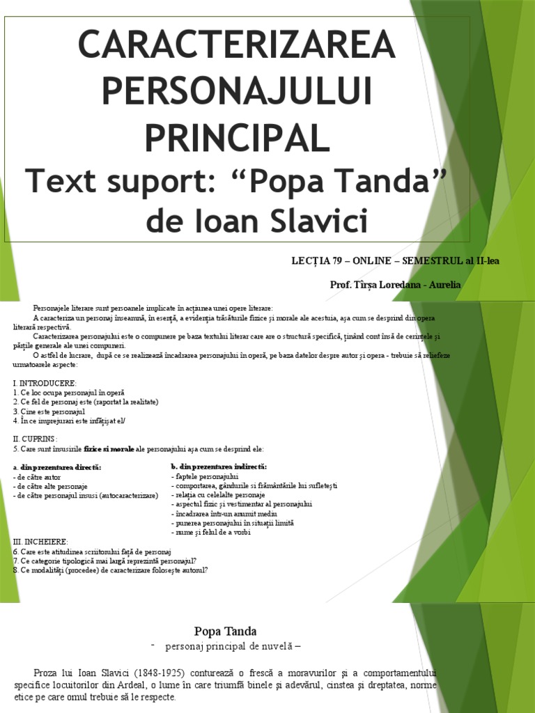 Popa Tanda de Ioan Slavici - Caracterizarea Personajului II | PDF