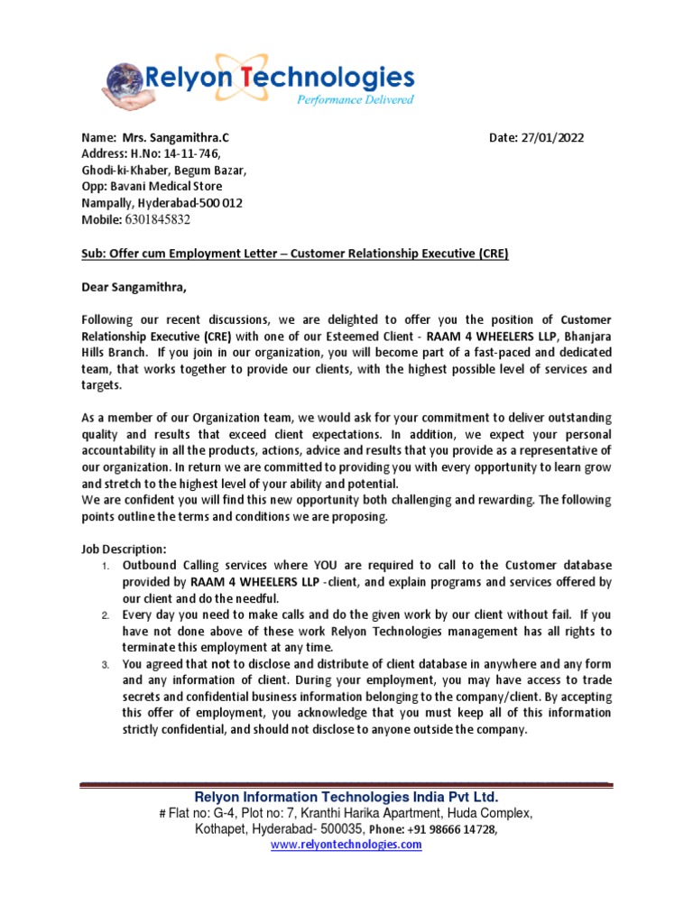 Offer Letter Sample | PDF | Business