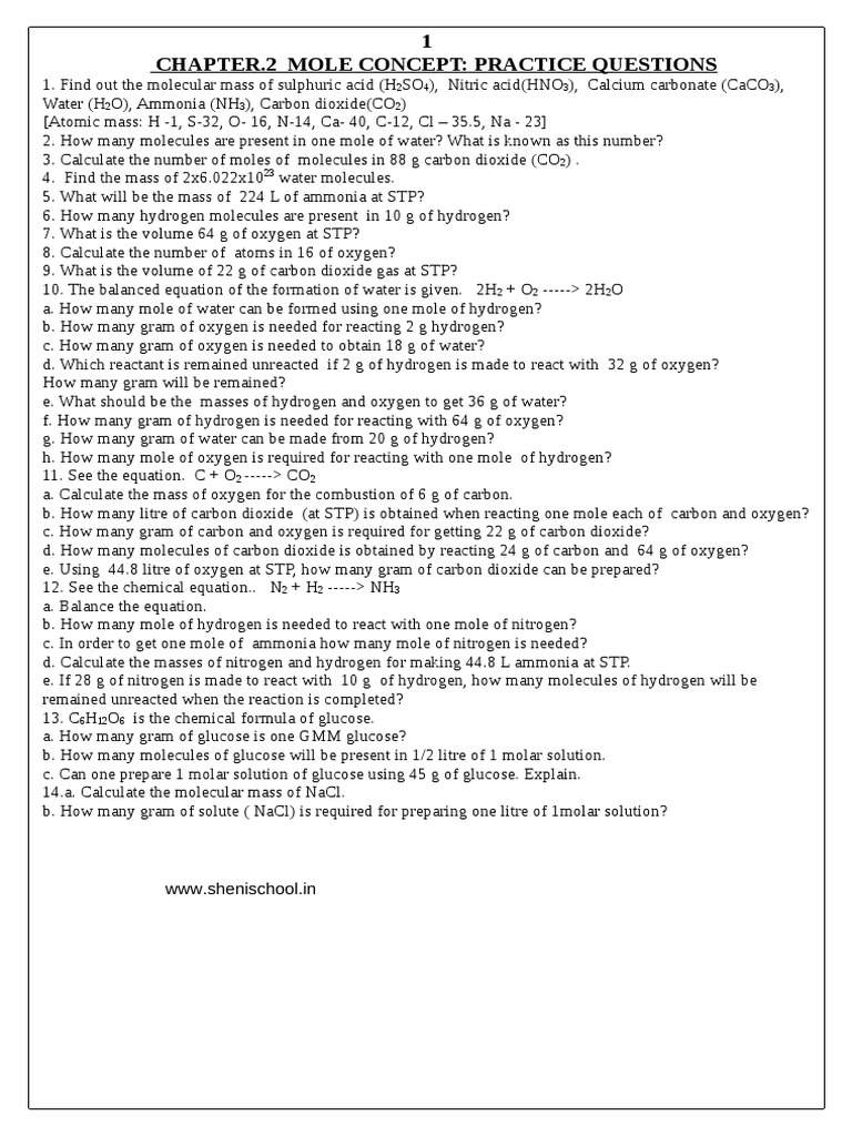 1 Chapter.2 Mole Concept: Practice Questions: WWW - Shenischool.in ...