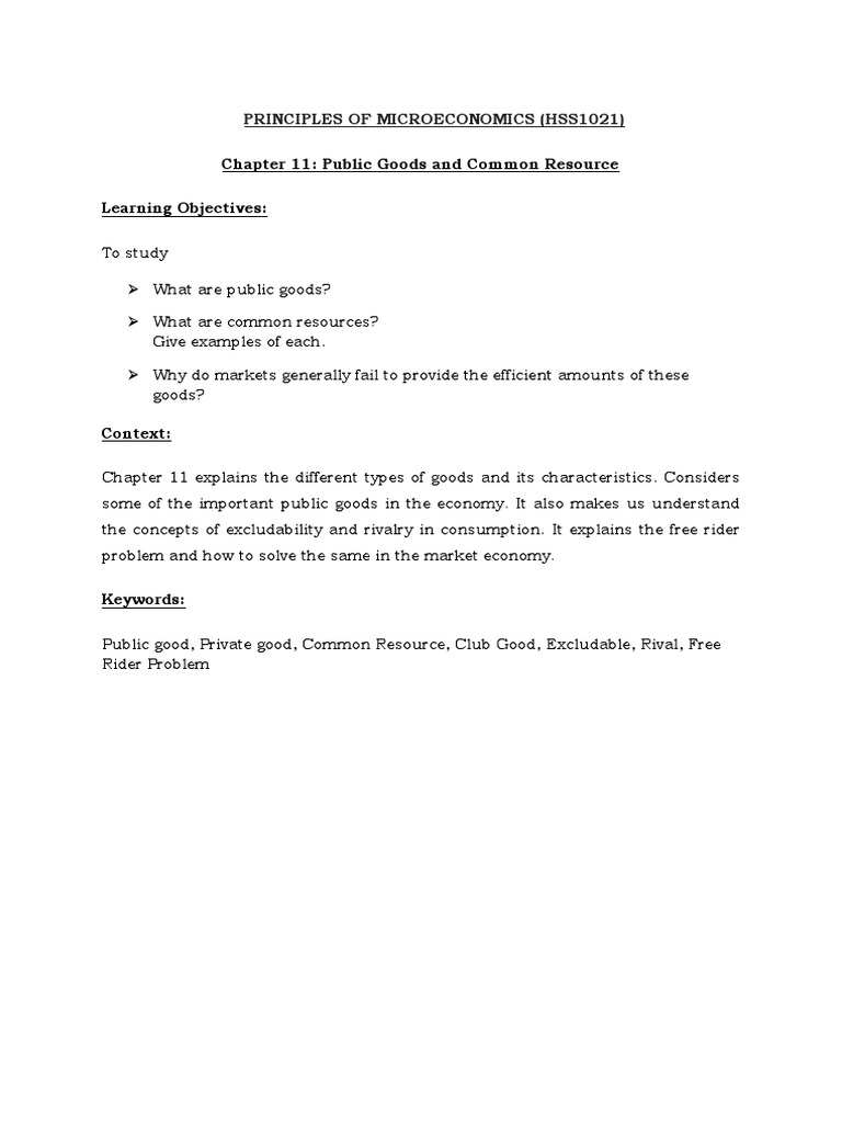 Chapter 11: Public Goods and Common Resource Learning Objectives | PDF ...