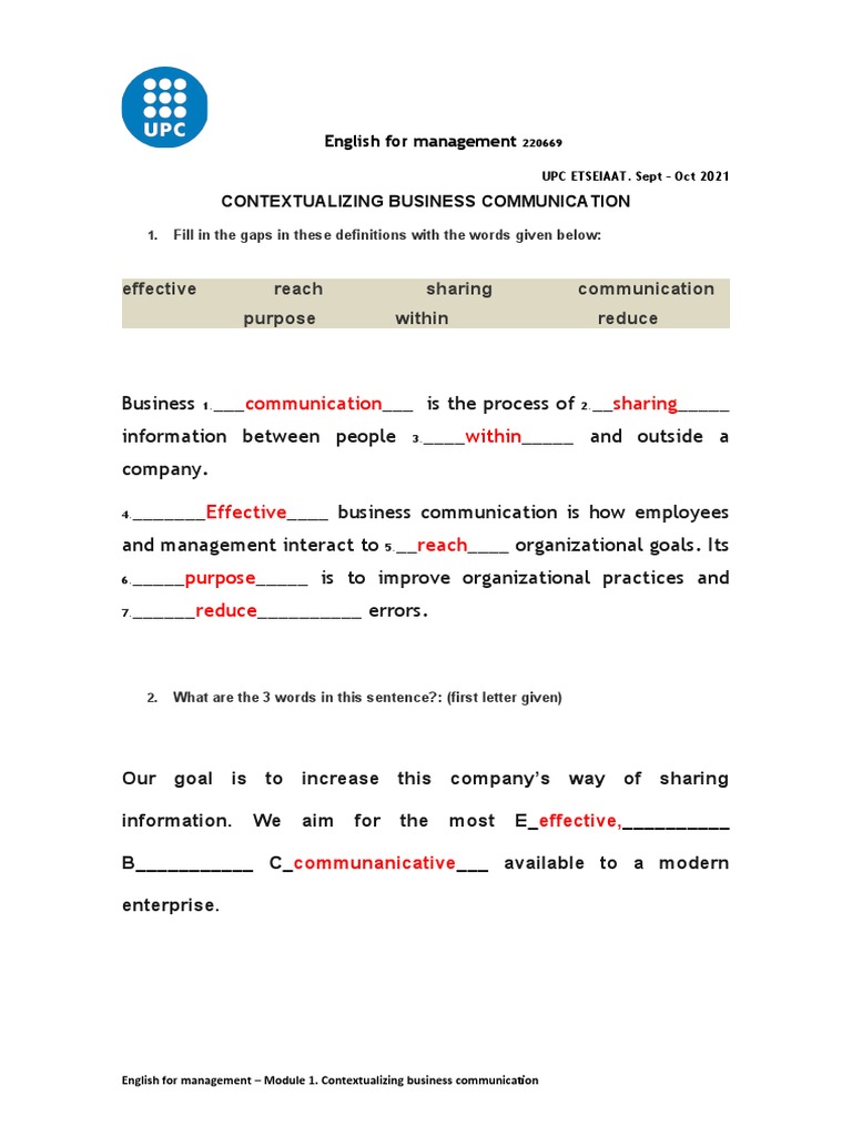 Contextualizing Business Communication Worksheet | PDF | English ...