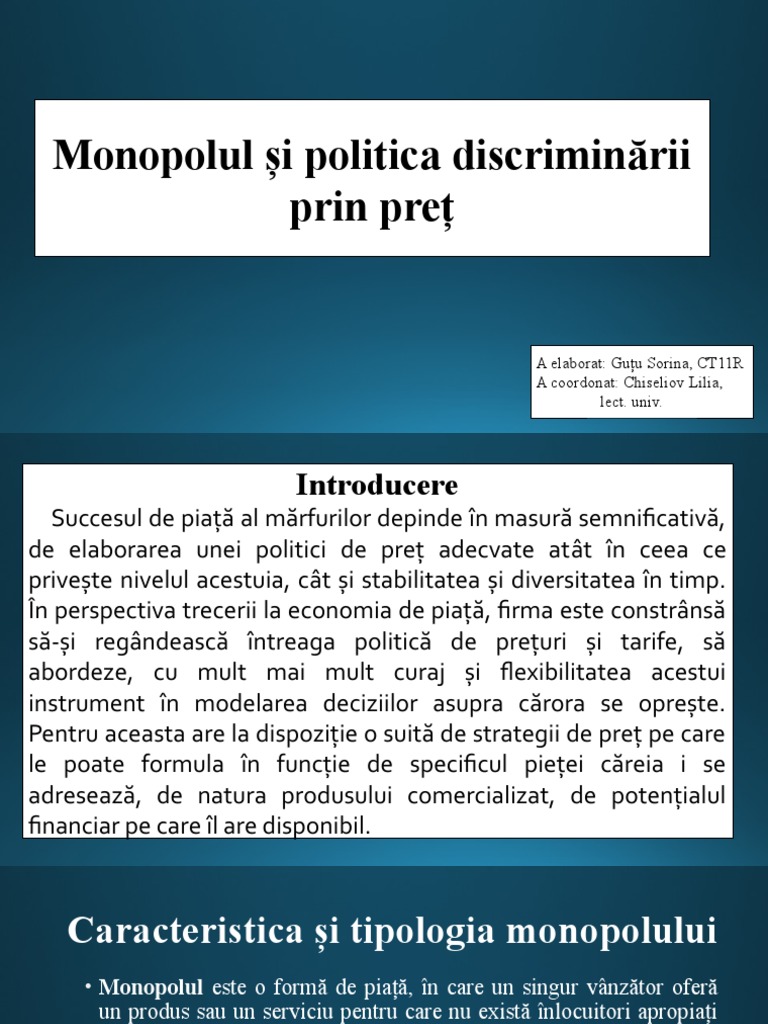 Monopolul Și Politica Discriminării Prin Preț: A Elaborat: Guțu Sorina ...