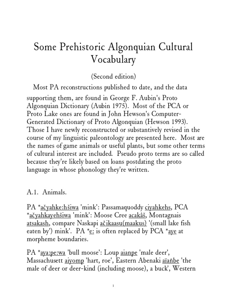 Some Prehistoric Algonquian Cultural Vocabulary | PDF | Deer ...