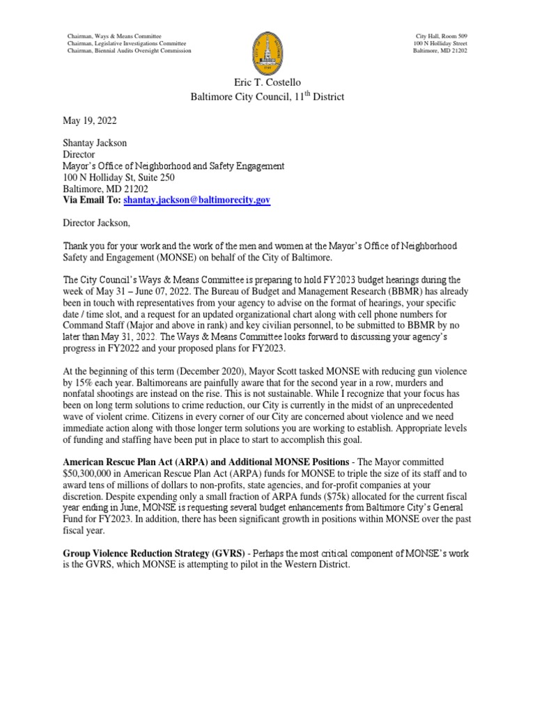 Baltimore City Council Letter To Mayor's Office of Neighborhood Safety and Engagement | PDF ...