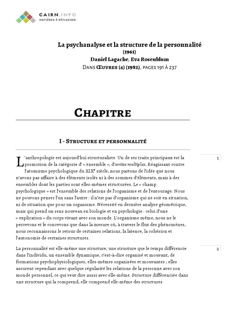 Daniel Lagache La Psychanalyse Et La Structure de La Personnalité | PDF ...