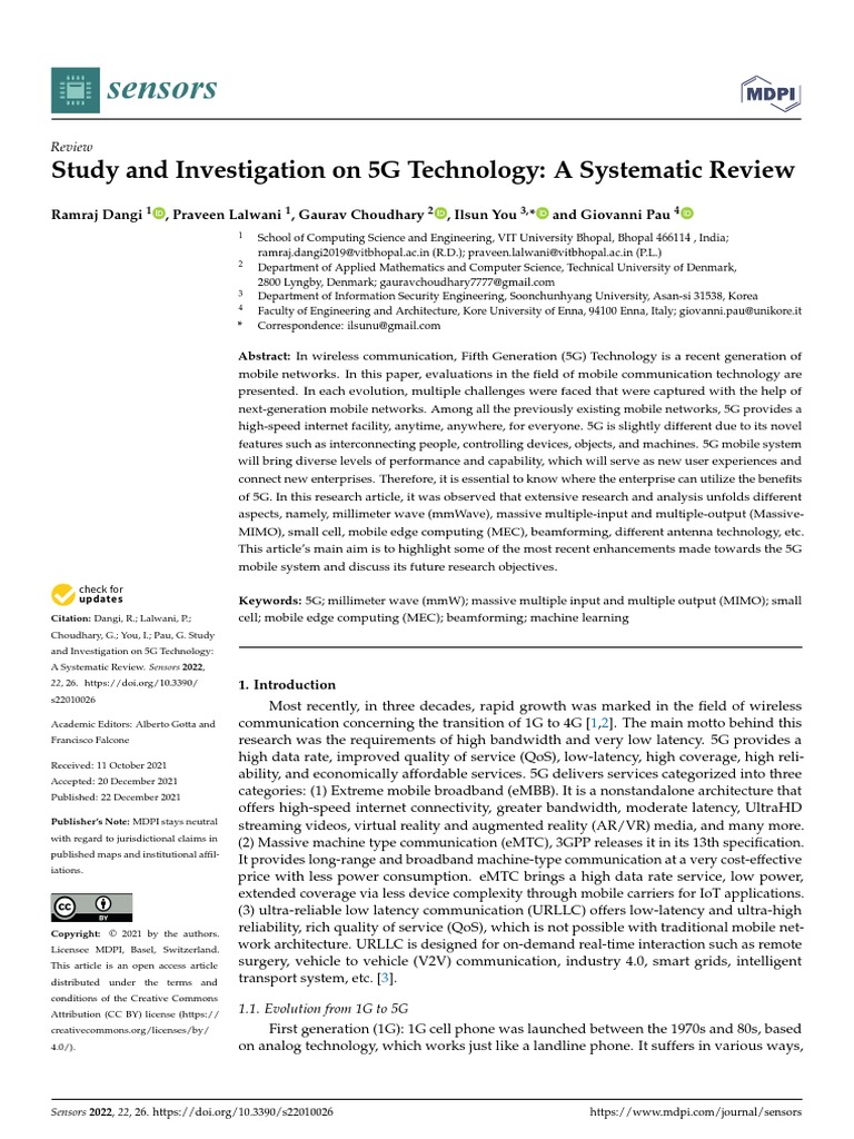 Sensors: Study and Investigation On 5G Technology: A Systematic Review ...