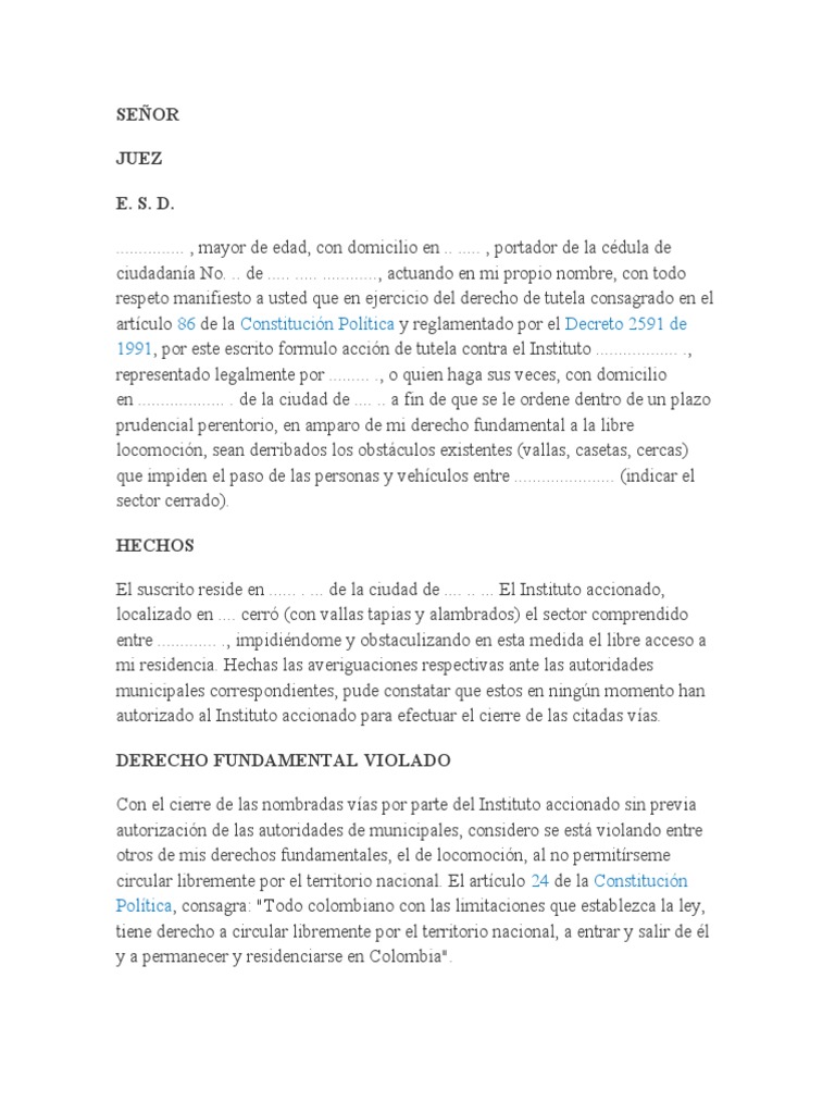 Acción de tutela por libre locomoción | PDF | Derecho Constitucional ...