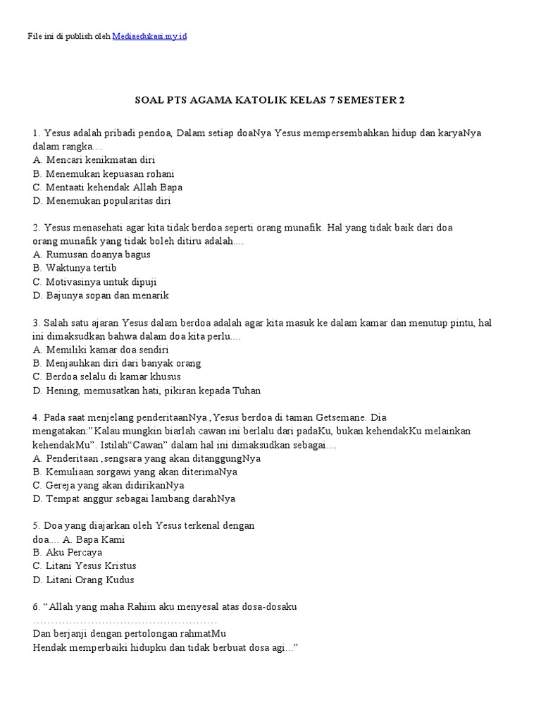 Soal PTS Agama Katolik SMP Kelas 7 Semester 2 | PDF