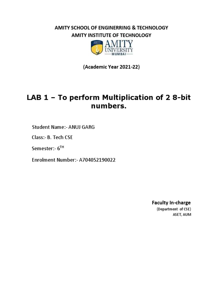 LAB 1 - To Perform Multiplication of 2 8-Bit Numbers | PDF | Technology ...
