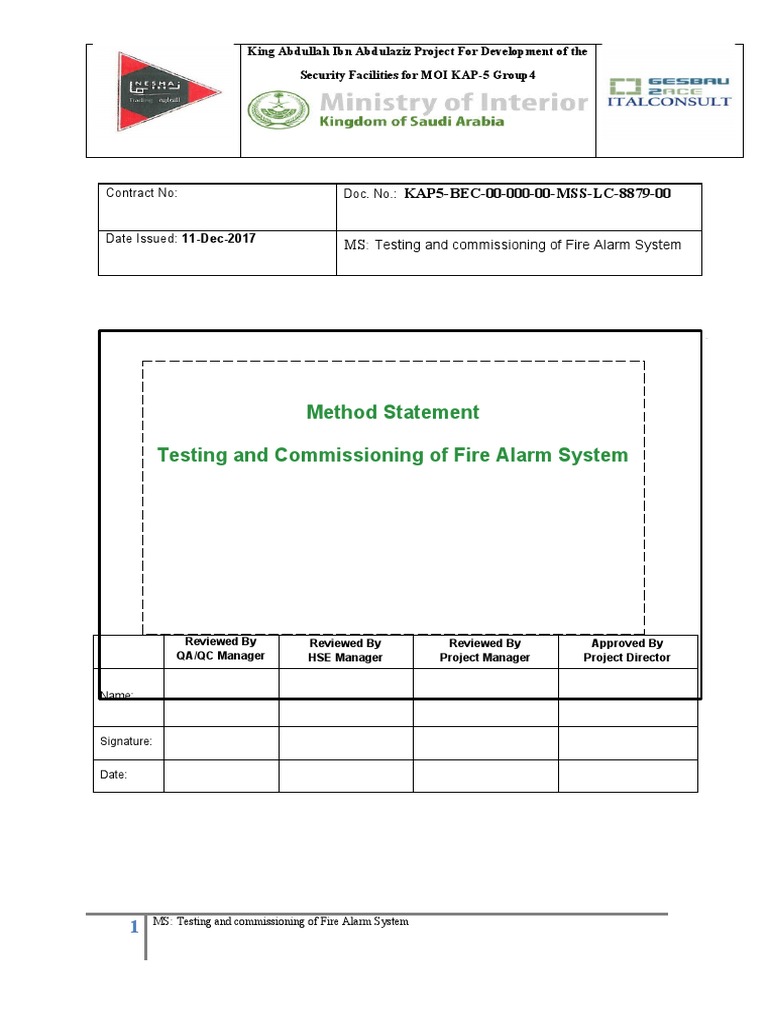 Method Statement Testing And Commissioning Of Fire Alarm System Pdf