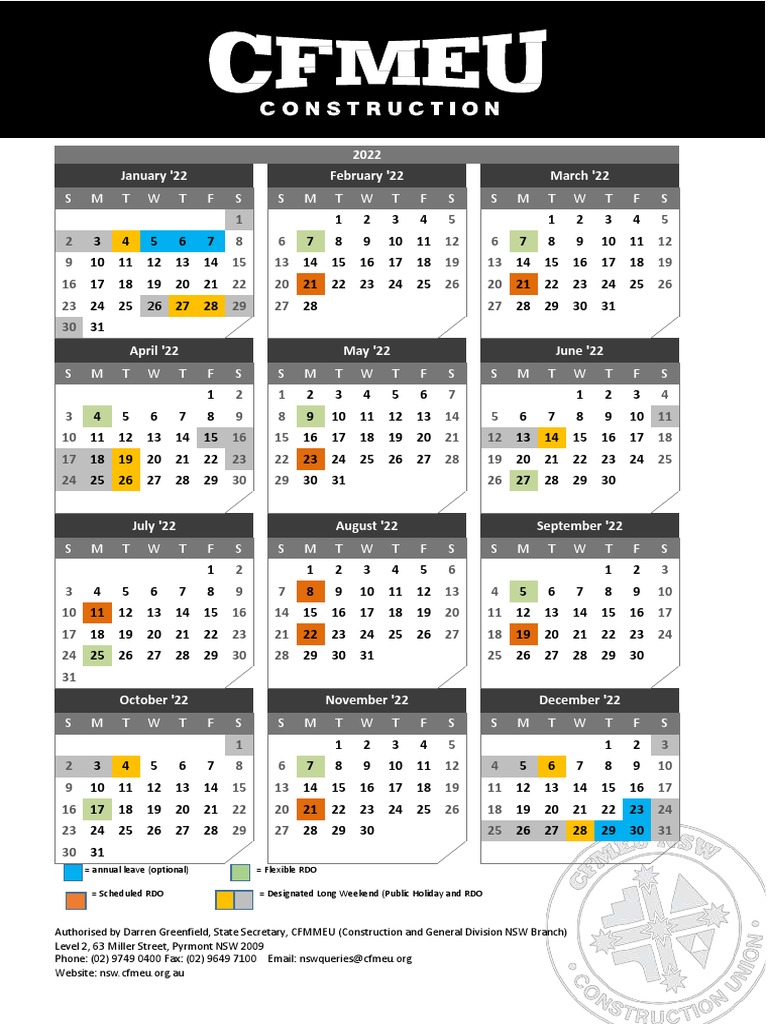 Yearly Rdo Calendar 2022 | PDF