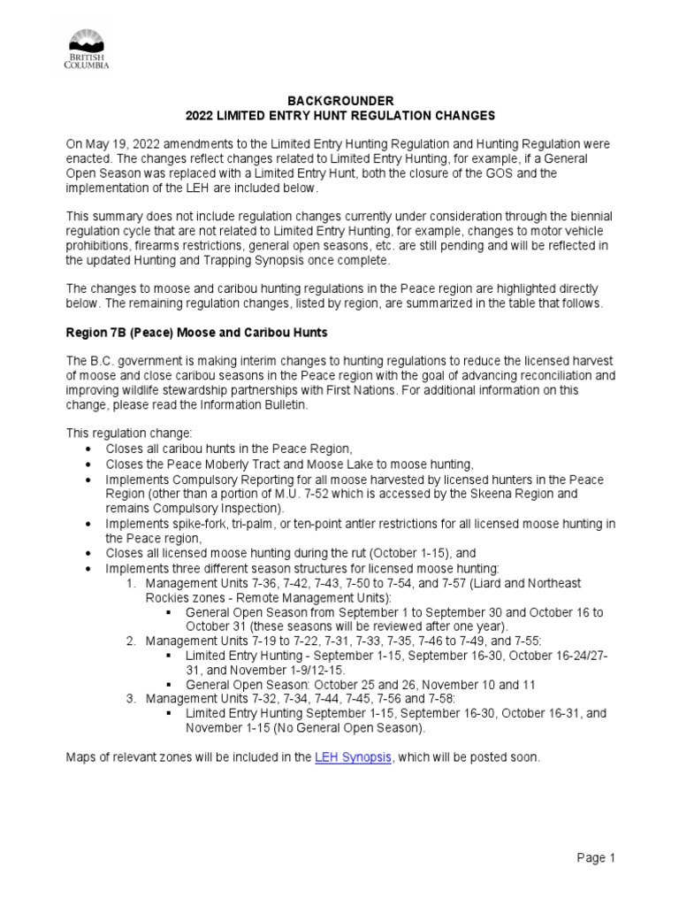 B.C. Limited Entry Hunt Regulation Changes | PDF | Sheep | Hunting