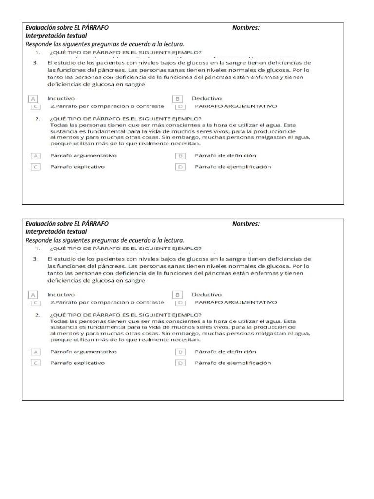 Evaluación Sobre EL PÁRRAFO Nombres | PDF