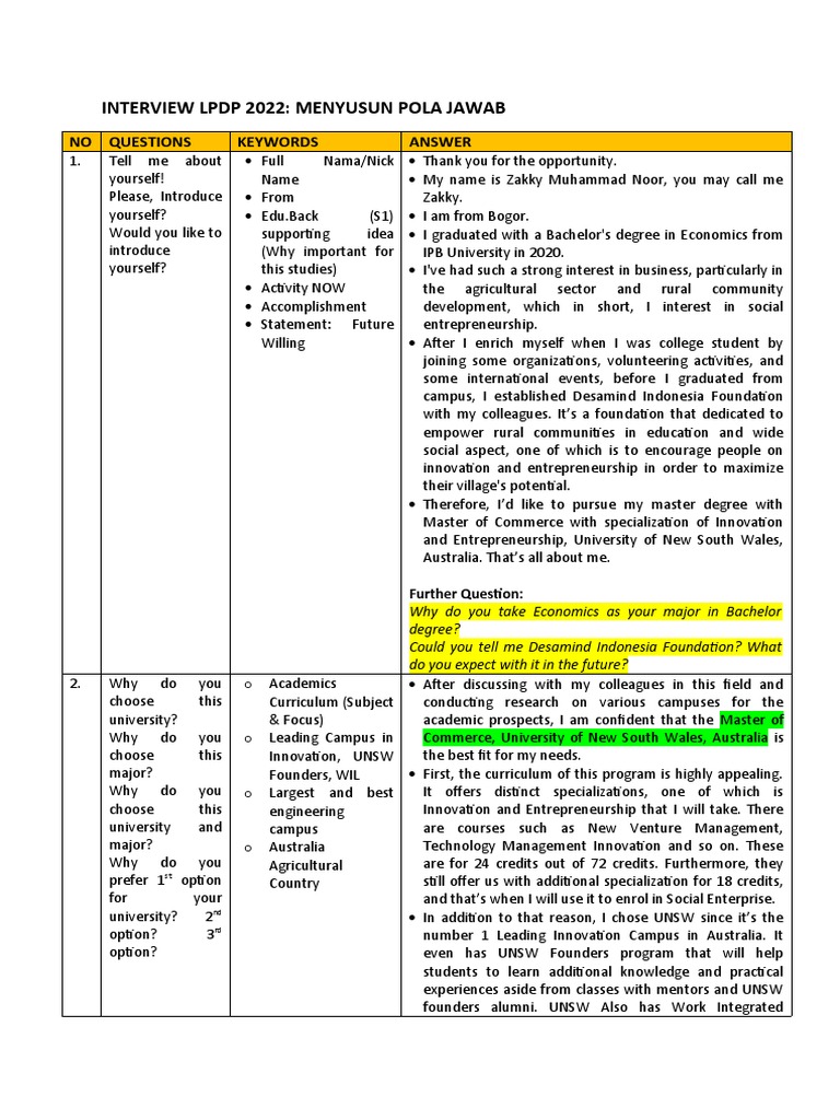 LPDP Interview Guide: Key Questions | PDF | Cognition