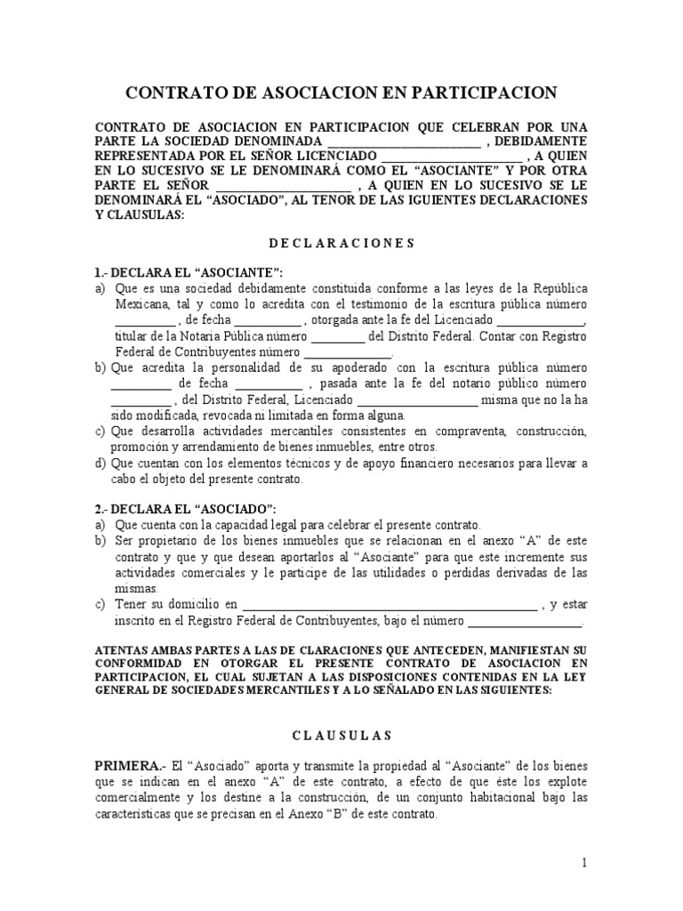 Contrato de Asociacion en Participacion | PDF | Sociedad de ... Contrato de Asociacion en Participacion | PDF | Sociedad de ...