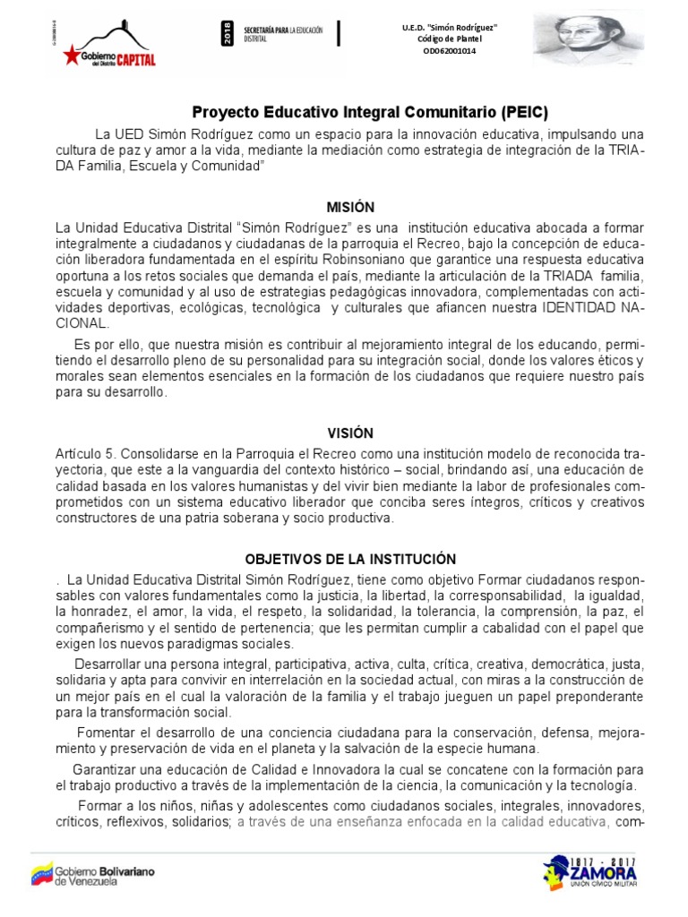 Proyecto Educativo Integral Comunitario (PEIC) MISIÓN - VISION 2018 ...