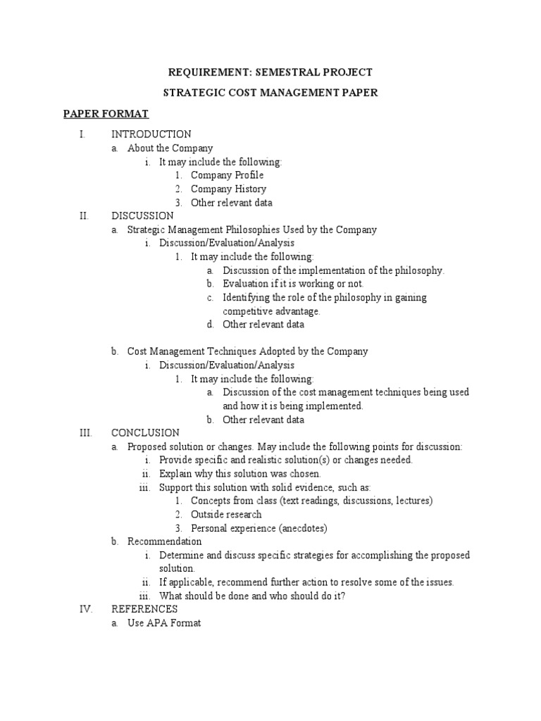 Requirement: Semestral Project Strategic Cost Management Paper Paper ...