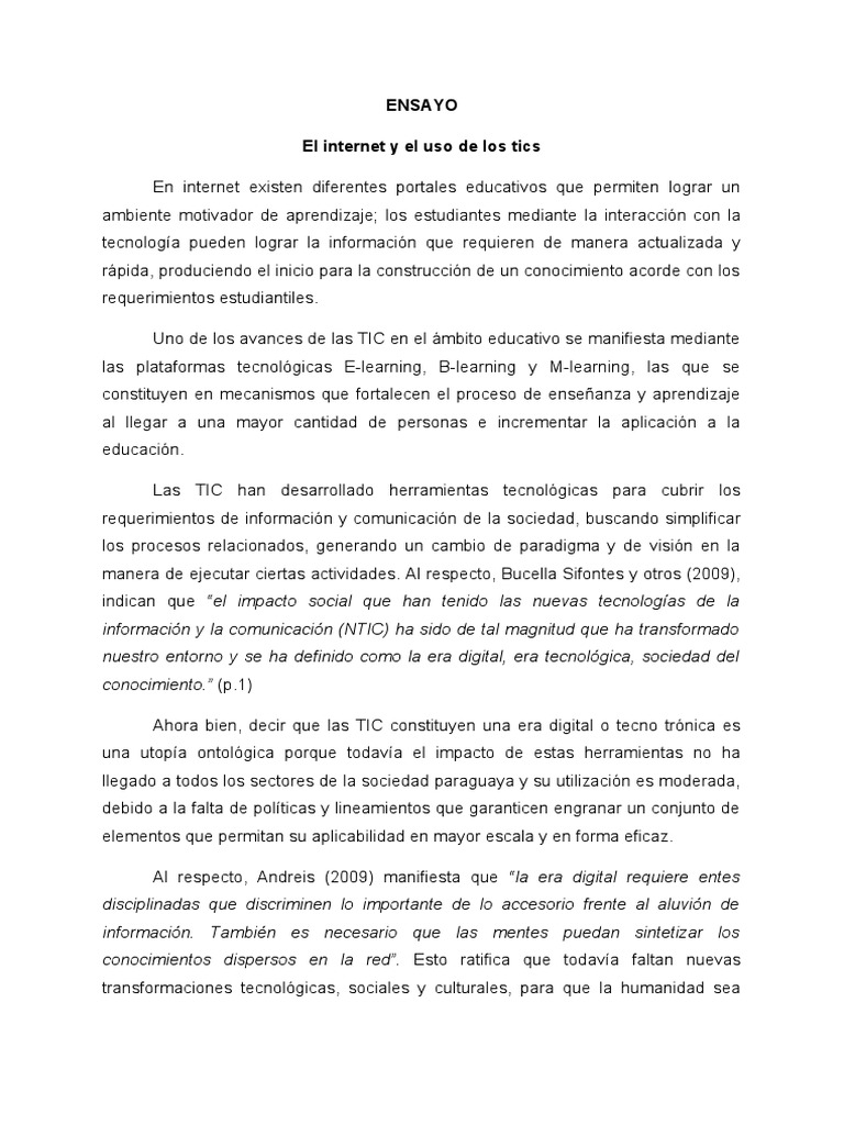 Ensayo-Internet y El Uso de Los Tics | PDF | Tecnología de información ...