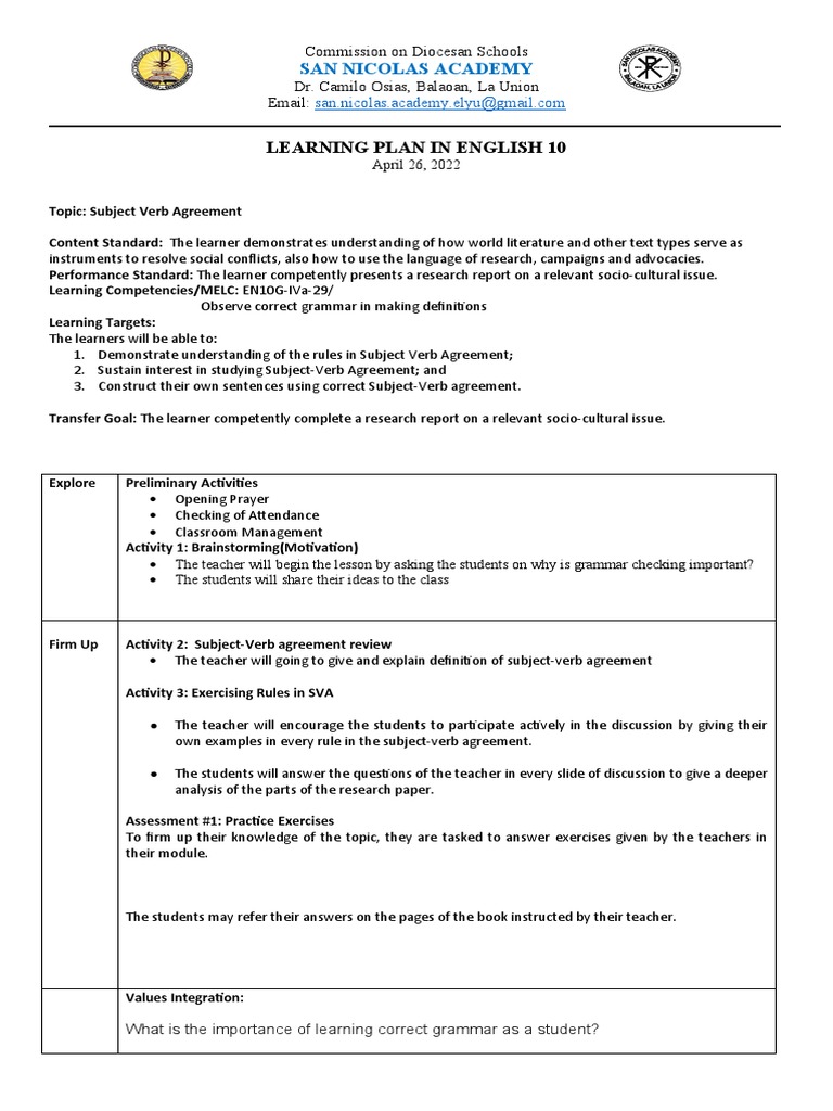 English 10 Learning Plan: SVA | PDF | Learning | Teachers