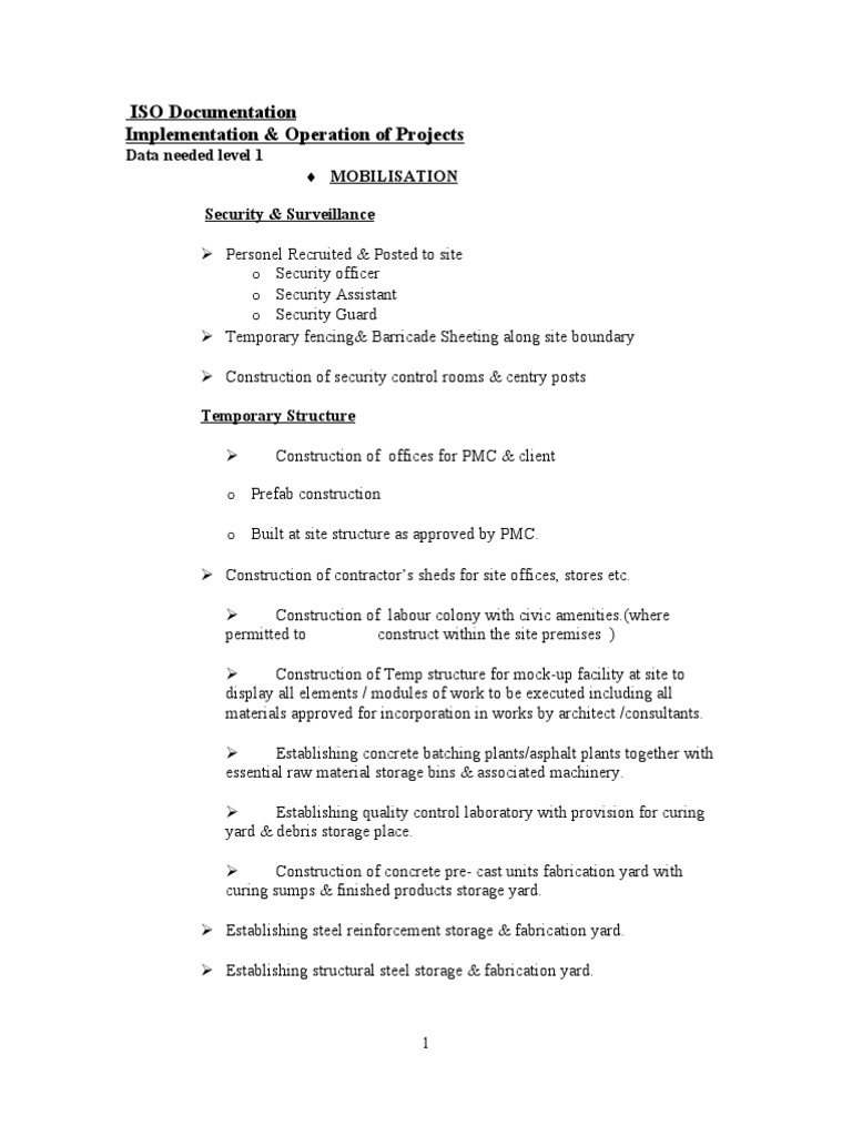 Iso Documentation Implementation Operation Of Projects Data Needed