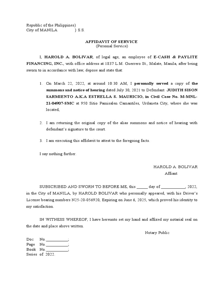 Affidavit of Personal Service | PDF