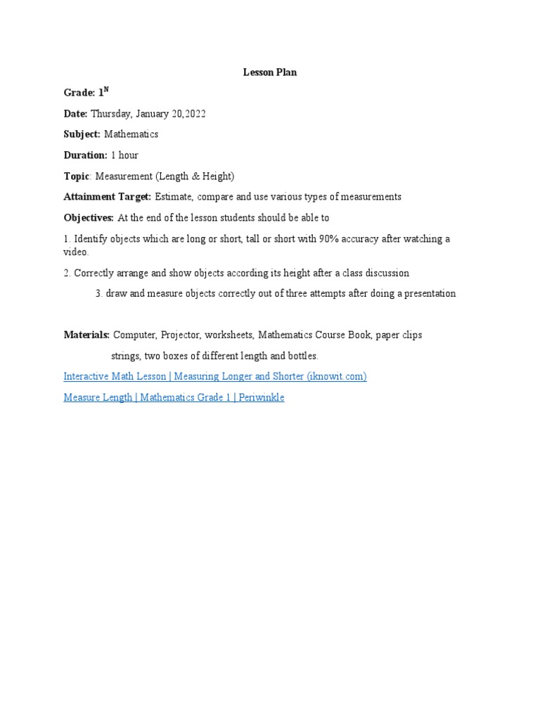 Thursday Grade 1 Mathematics Lesson Plan Lenght and Height | PDF ...